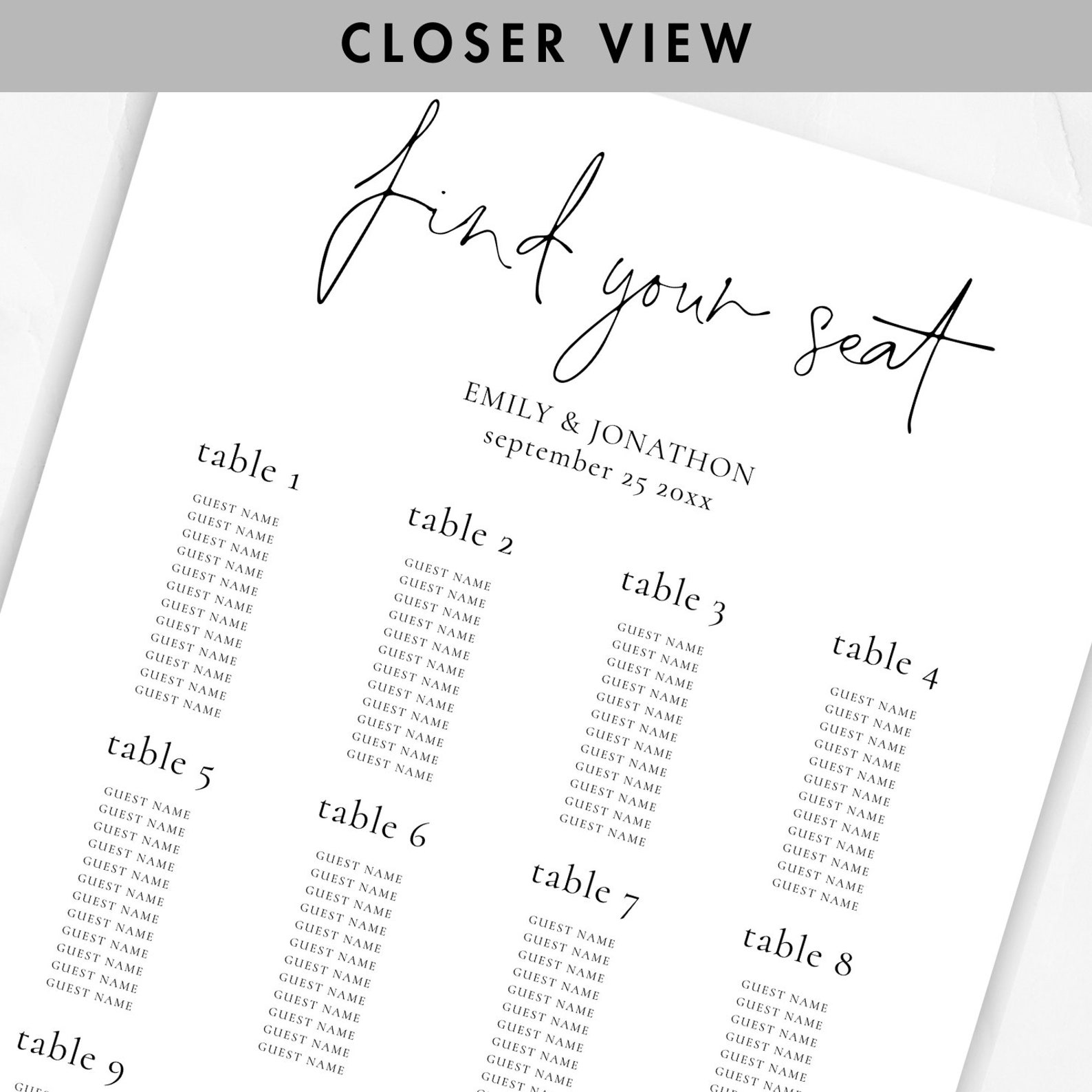 Seating Chart for 12 Tables, Printable Wedding Table Plan, INSTANT ...