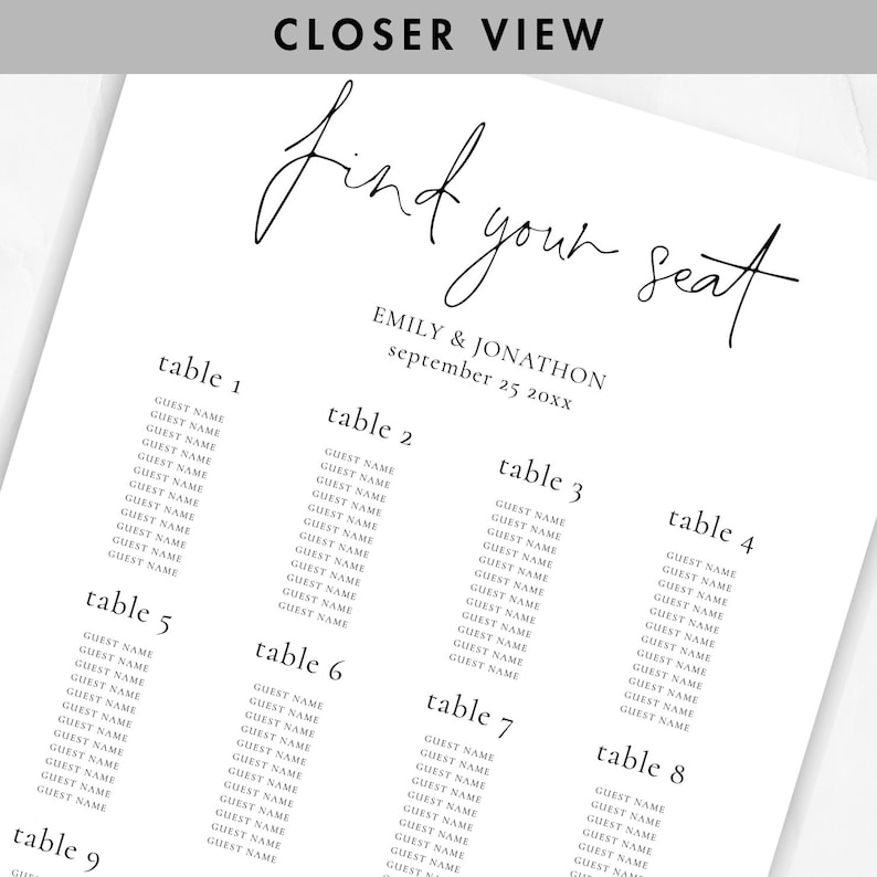 Seating Chart for 12 Tables, Printable Wedding Table Plan, INSTANT ...