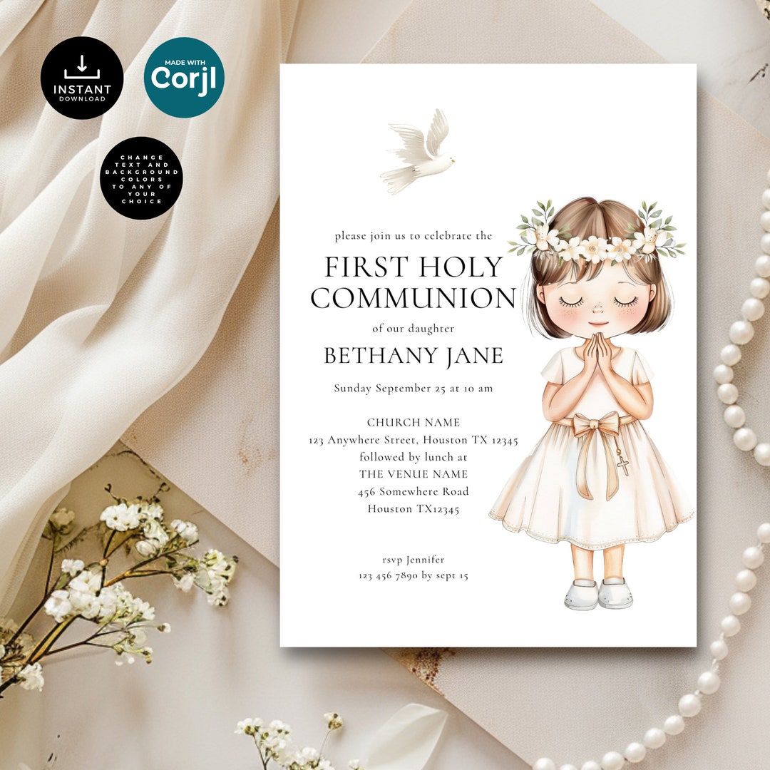 First Holy Communion Invitation Girl Minimalist Template, Printable ...