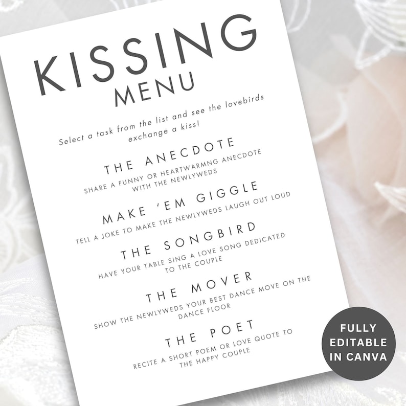 Printable Kissing Menu, INSTANT DOWNLOAD, Wedding Kisses Games ...