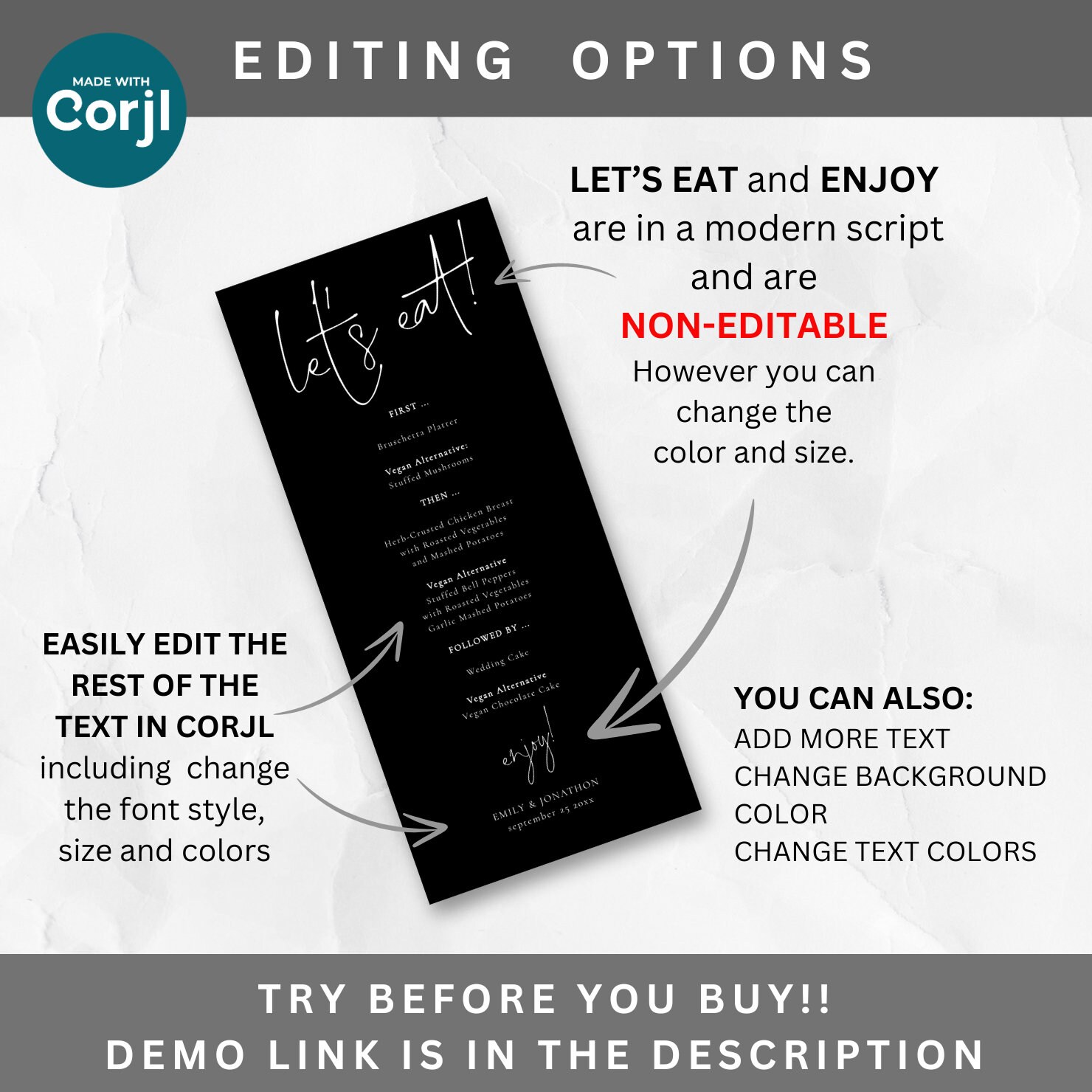 Let's Eat Menu Template, Printable INSTANT DOWNLOAD, Modern Wedding ...