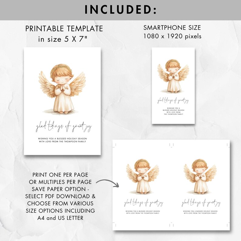 Angel Christmas Card Template, Printable INSTANT DOWNLOAD, Xmas Holiday ...