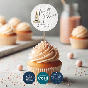 Pearls & Prosecco Bridal Shower Cupcake Topper Template, Printable ...