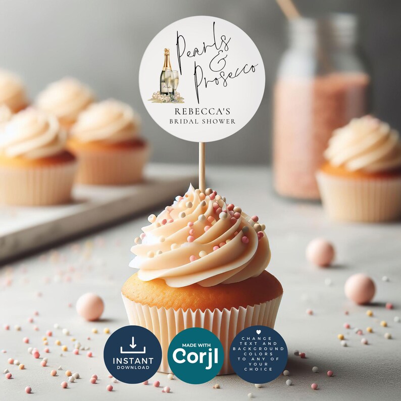 Pearls & Prosecco Bridal Shower Cupcake Topper Template, Printable ...