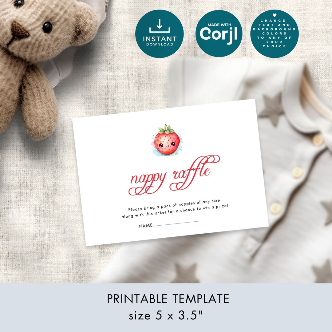 Nappy Raffle Card Template, INSTANT DOWNLOAD, Berry Sweet Strawberry ...