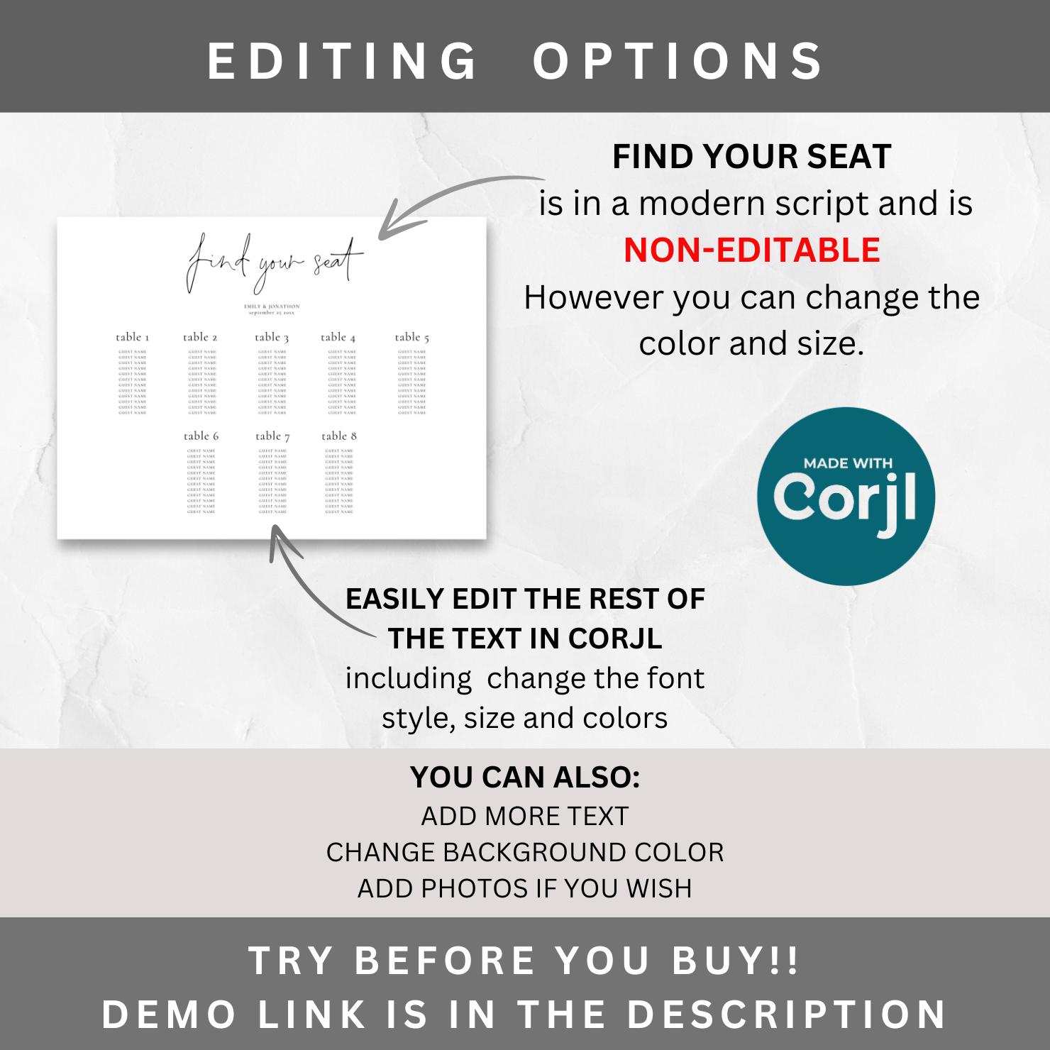 Seating Chart for 8 Tables, Printable Wedding Table Plan, INSTANT ...