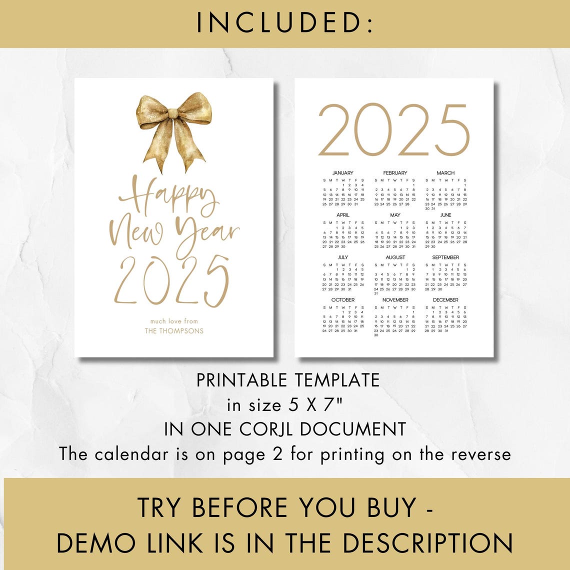 Happy New Year 2025 Calendar Greeting Card Template, Printable INSTANT ...