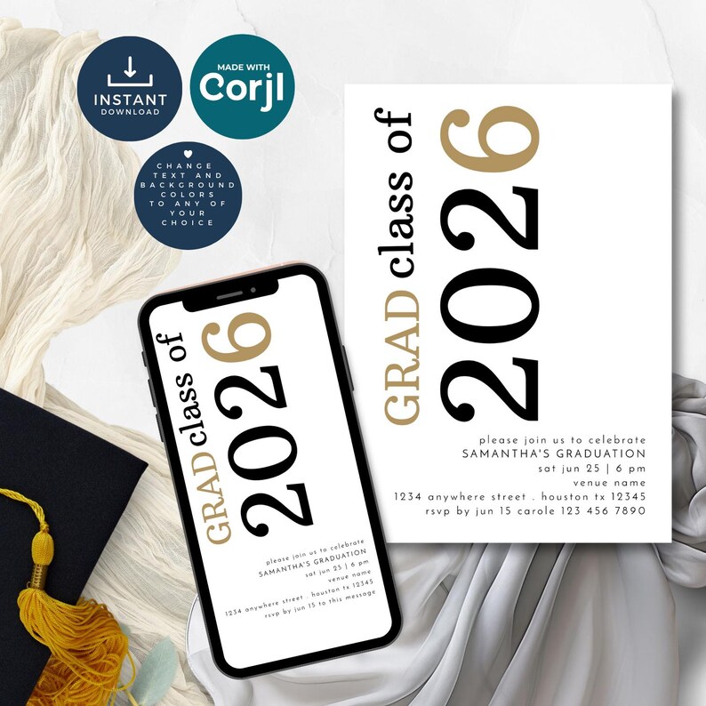 Graduation Party Invitation Template – Modern, Corjl Editable Gr-03 - Etsy