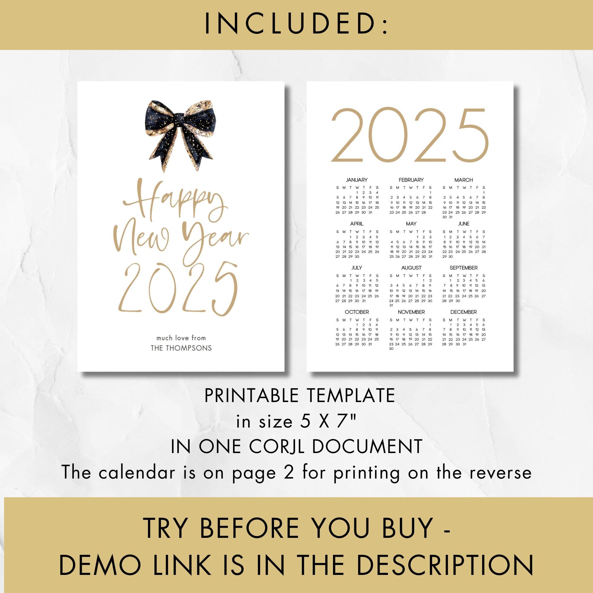 Happy New Year 2025 Calendar Greeting Template, Printable INSTANT ...