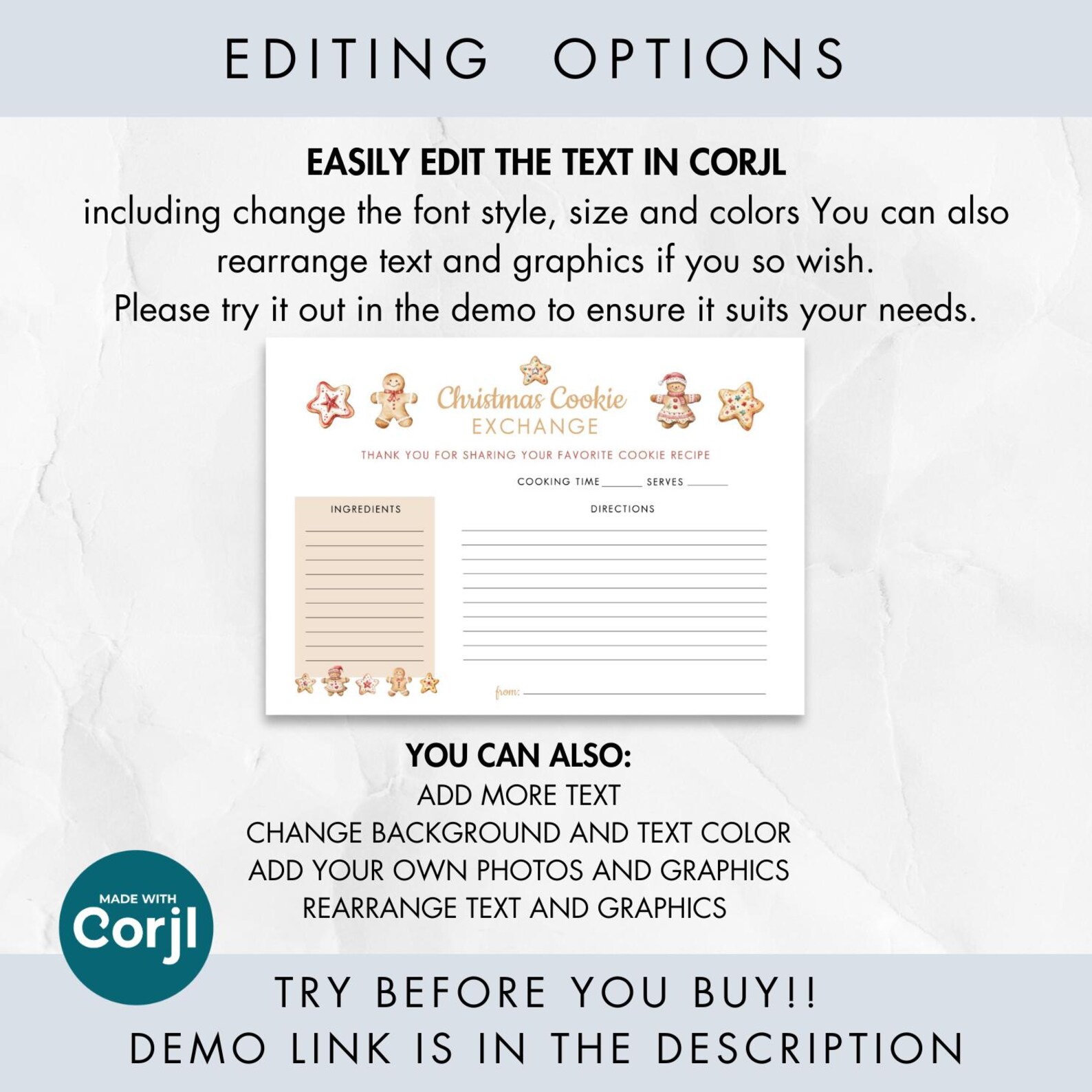 Christmas Cookie Recipe Card Template, INSTANT DOWNLOAD, Holiday ...