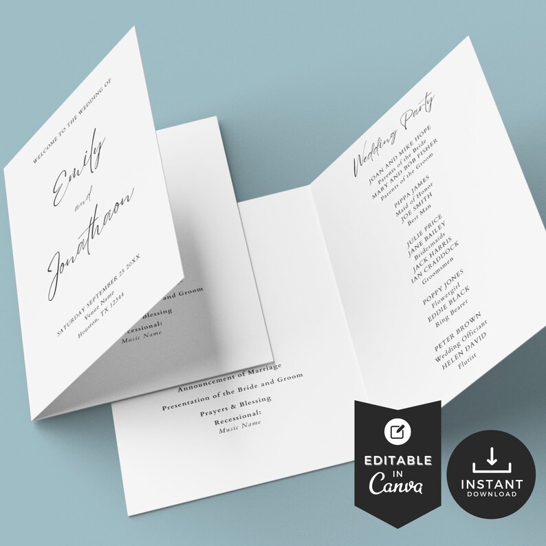 Printable Church Wedding Folded Program Canva Template, INSTANT ...