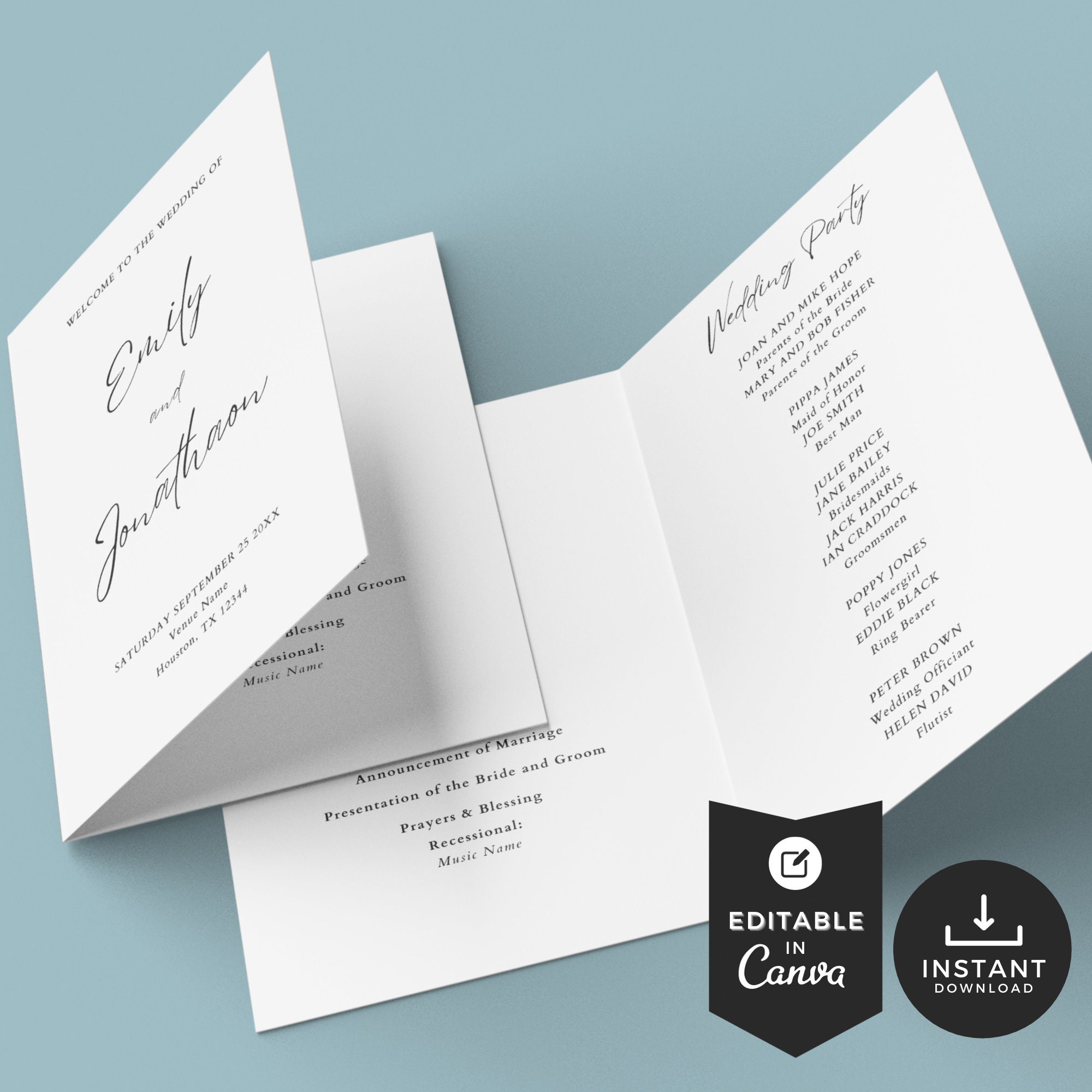 Printable Church Wedding Folded Program Canva Template, INSTANT ...