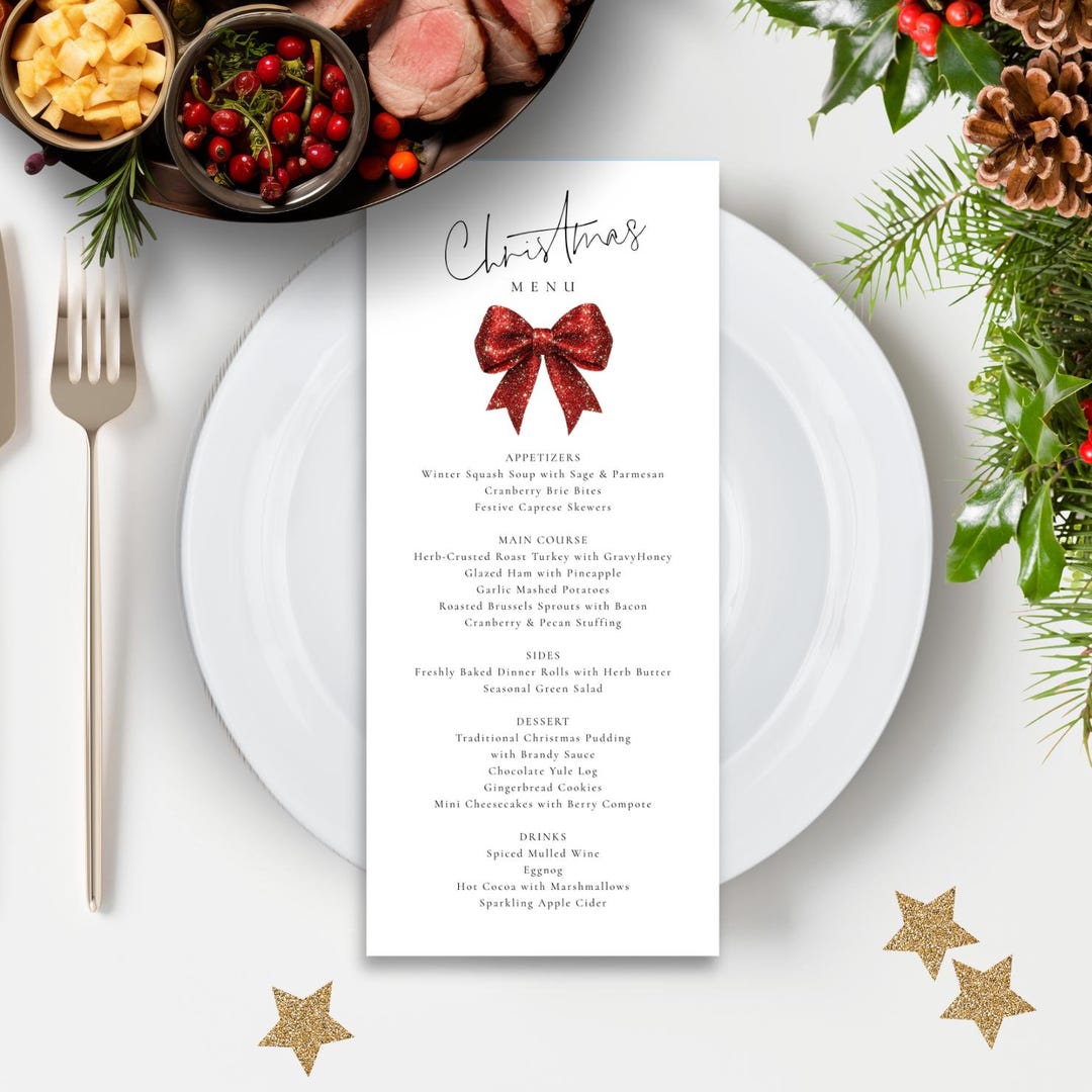 Christmas Party Menu, Template, Printable INSTANT DOWNLOAD, Sparkly Red ...