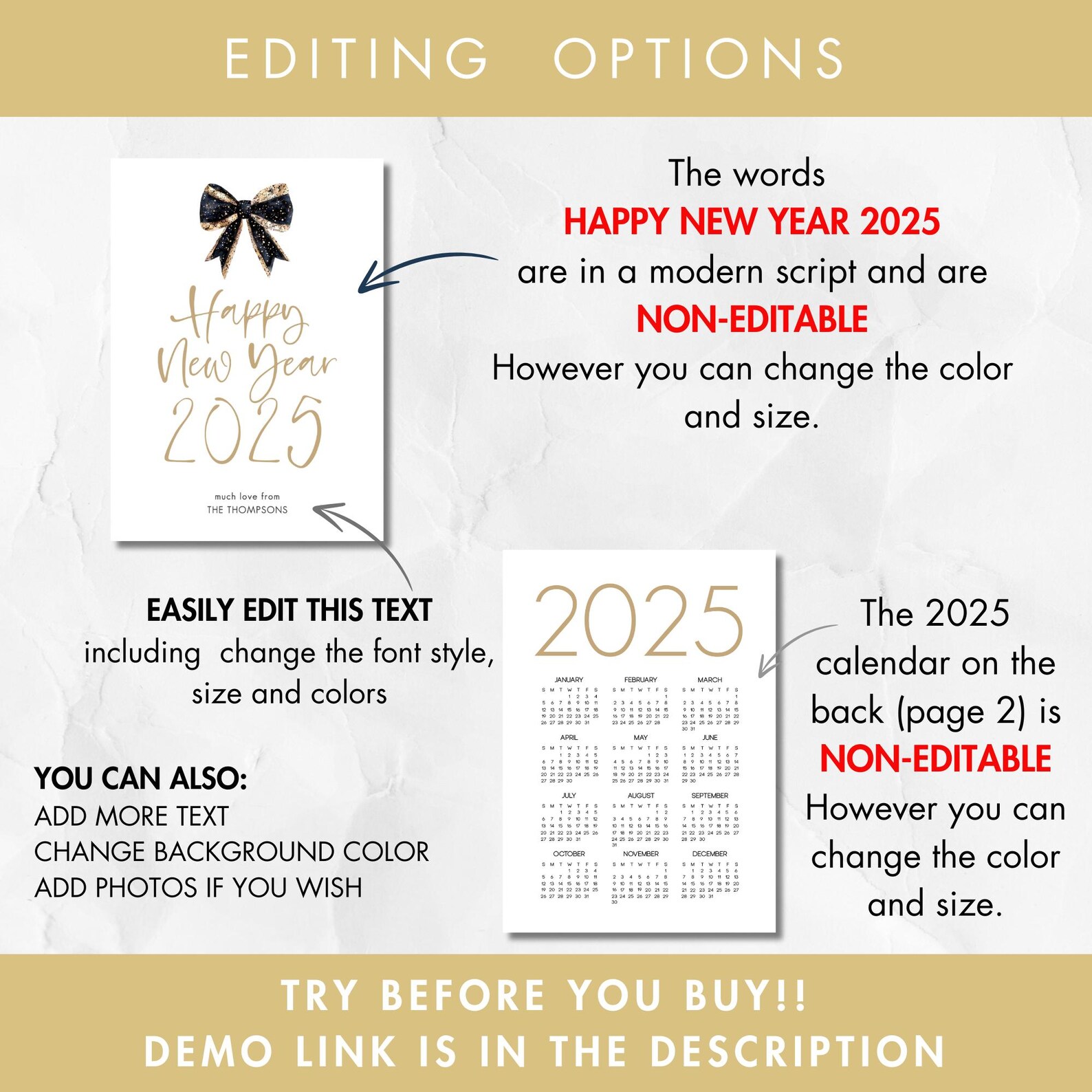Happy New Year 2025 Calendar Greeting Template, Printable INSTANT ...