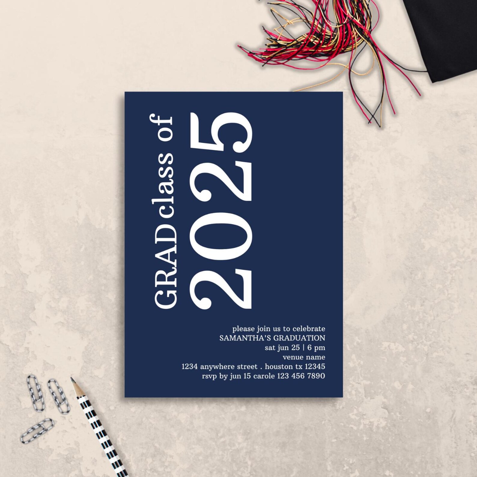 Graduation Party Invitation Template, Grad 2025 Navy Blue Printable ...