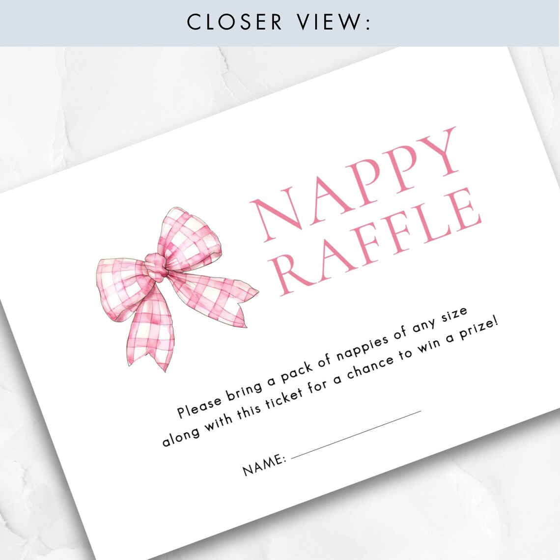 Pink Bow Nappy Raffle Card Template, INSTANT DOWNLOAD, Gingham Ribbon ...