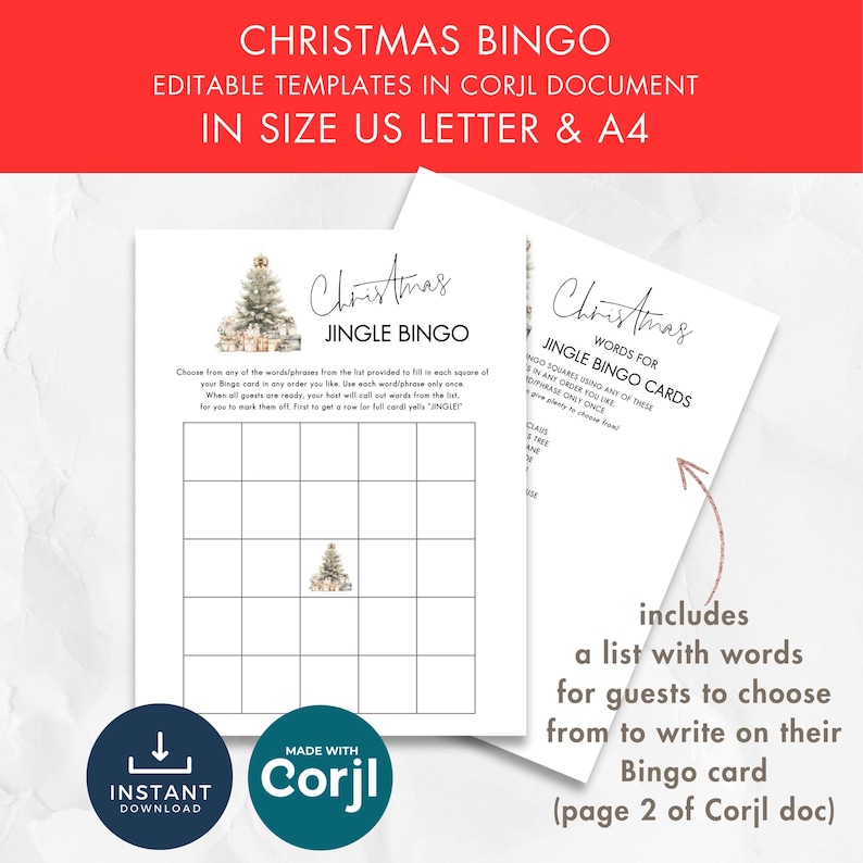 Christmas Bingo Game Template, Printable, INSTANT DOWNLOAD, Xmas Tree ...