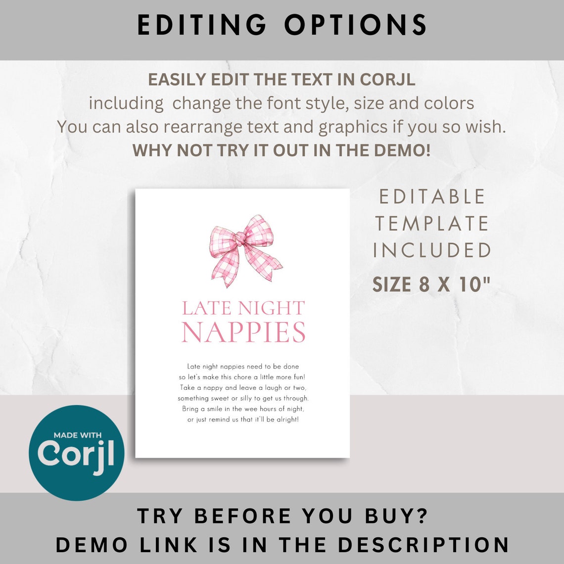 Pink Bow Baby Shower Late Night Nappies Table Signage Template ...