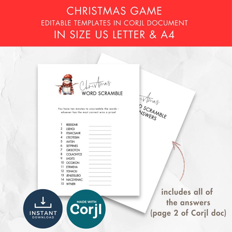Christmas Word Scramble Game Template, Printable, INSTANT DOWNLOAD ...