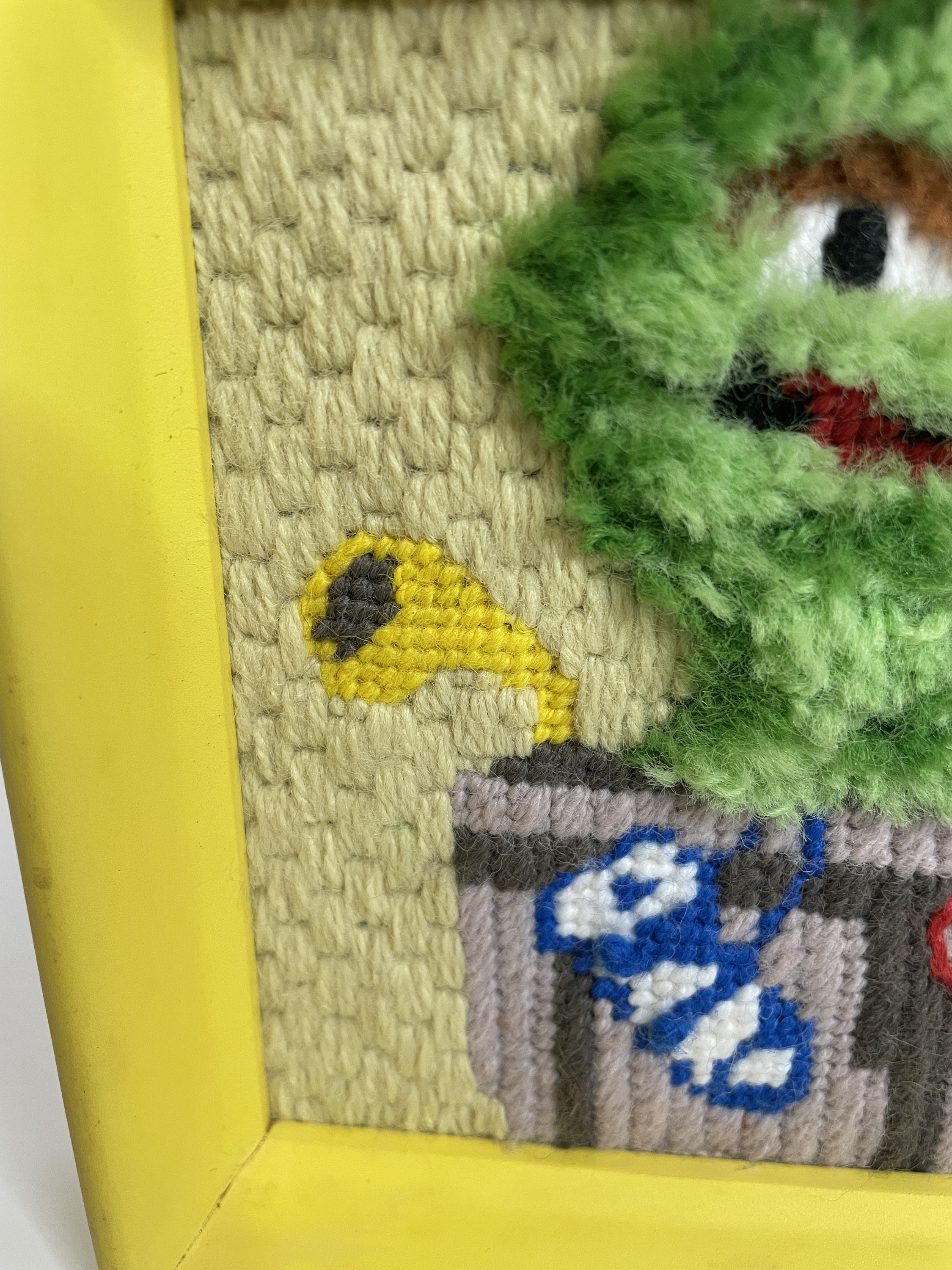 Oscar the Grouch Crewel Needlepoint Framed Picture Square Yellow Frame ...