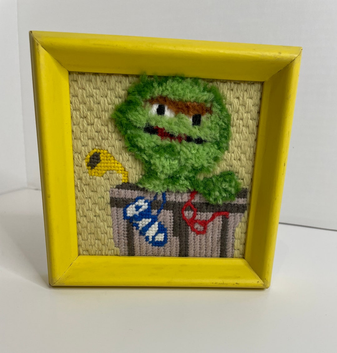 Oscar the Grouch Crewel Needlepoint Framed Picture Square Yellow Frame ...