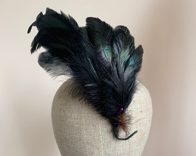 1900s Millinery Feather Piece | Shimmery Green Black Feathers | Hat ...