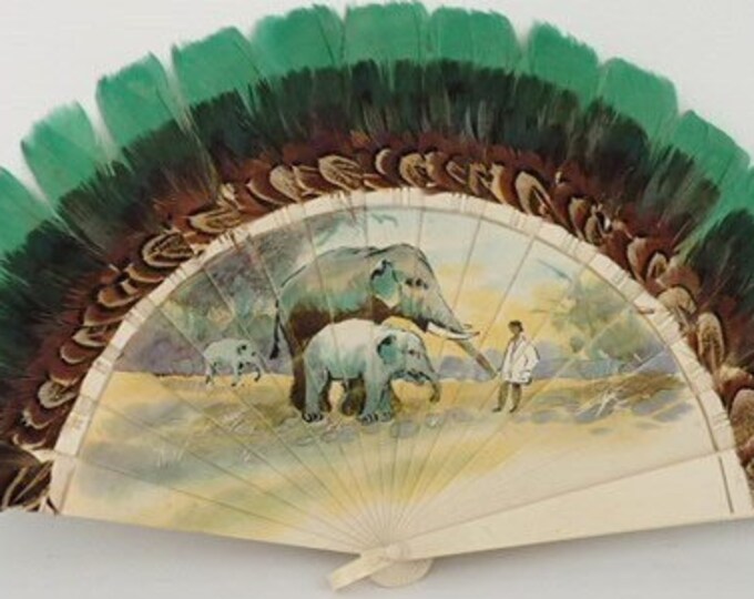 1920s Hand Painted Brisé Fan | Elephants Safari Celluloid Green & Brown ...