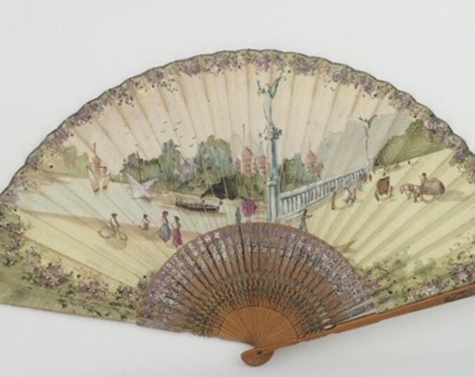 19th Century Hand Fan Hand Painted Parisian Scene Pont Alexandre III ...