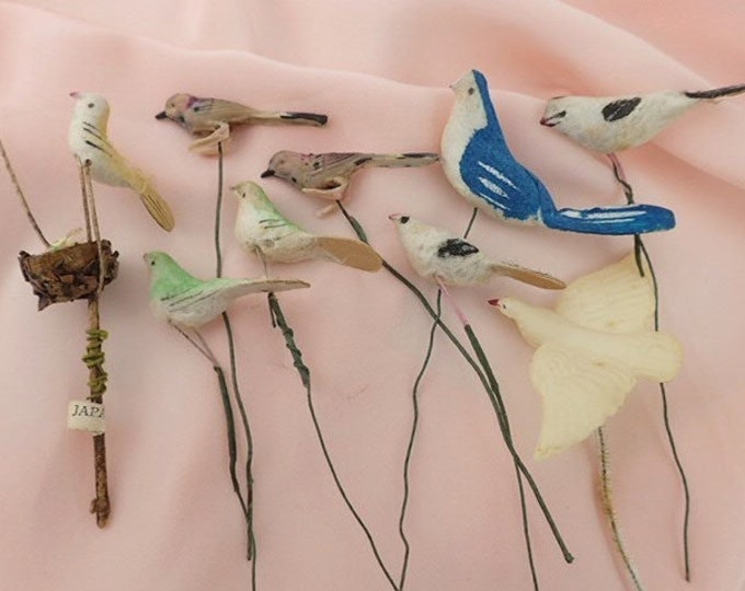 1950s 1960s Bird Embellishments Hand Painted Wired Birds Felted ...