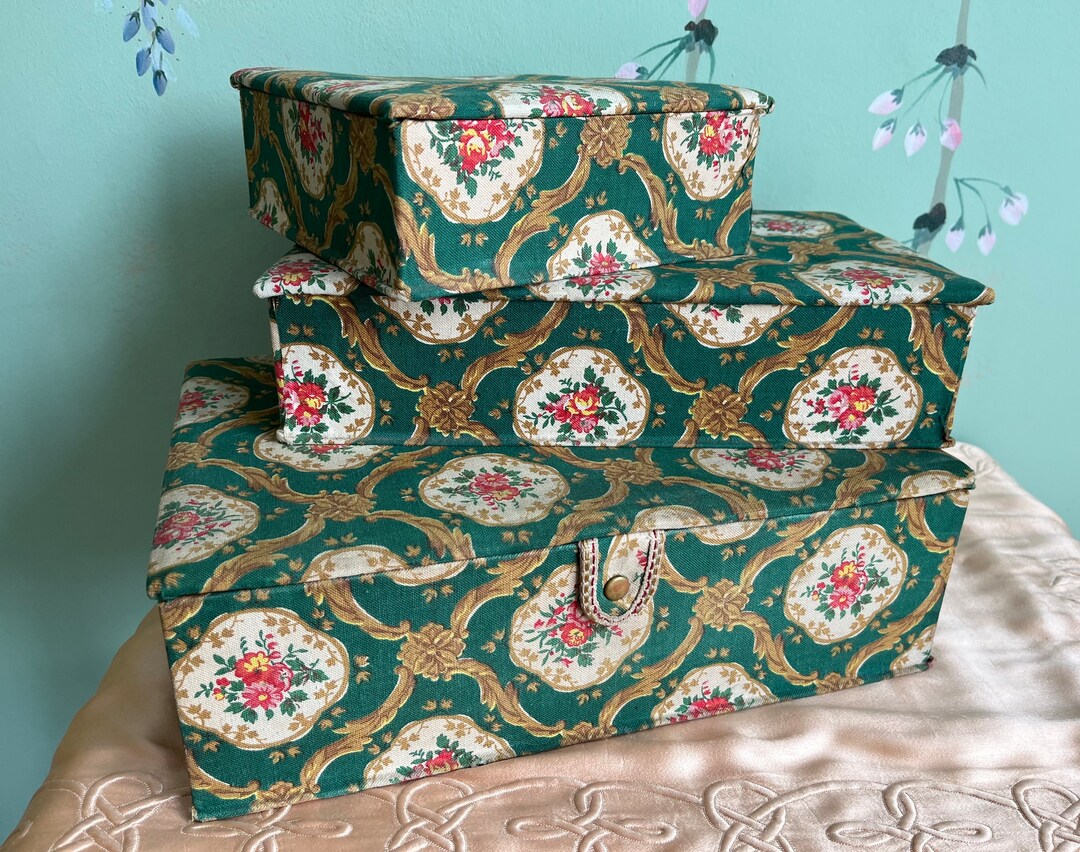 1930s 1940s French Fabric Covered Box Emerald Green Rose Bouquet Sewing Trinkets Collectibles ...