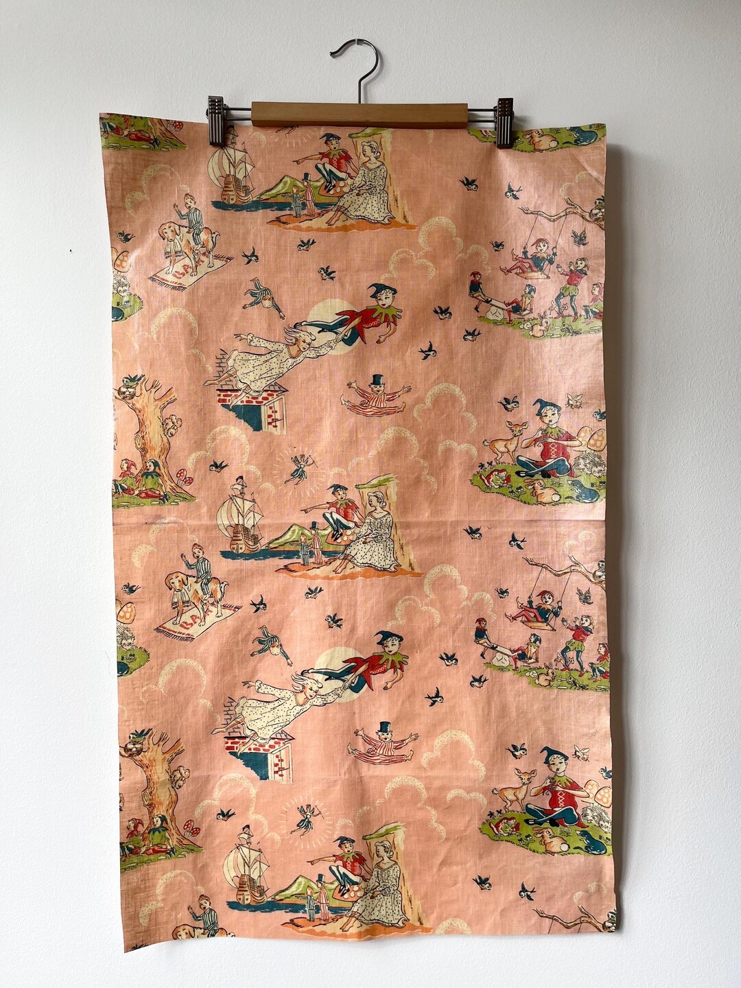 1950s Children's Peter Pan Fabric | Vinyl or Oil Cloth Print Salmon ...