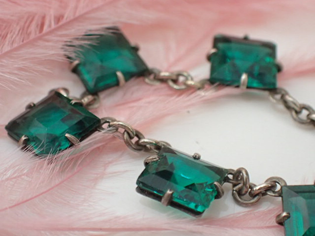 Original 1930s Emerald Paste Necklace Clear Square Green Glass Stones ...