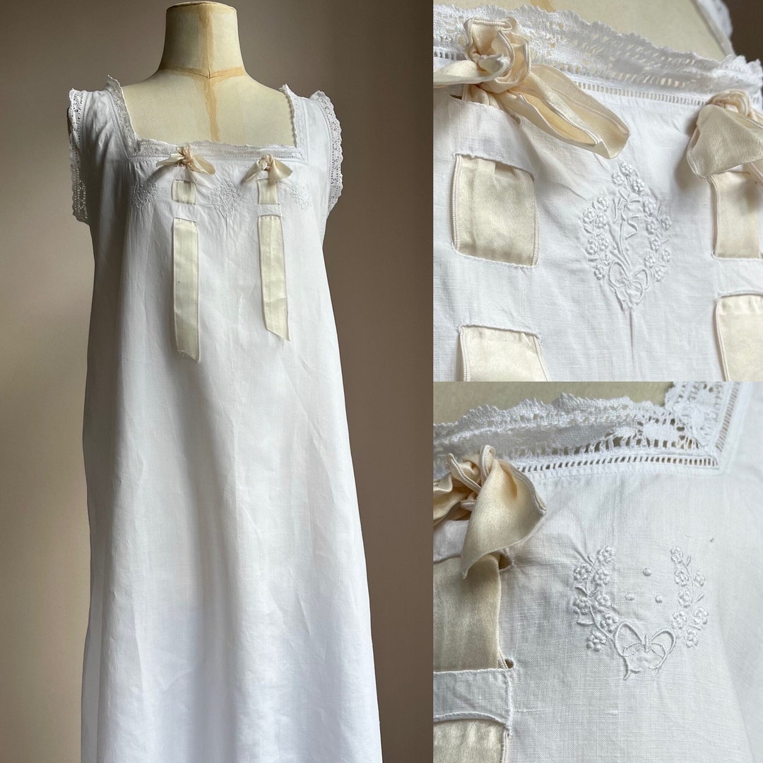 Edwardian Nightdress KS Fine Hand Embroidered Bows Flowers Cream Silk ...