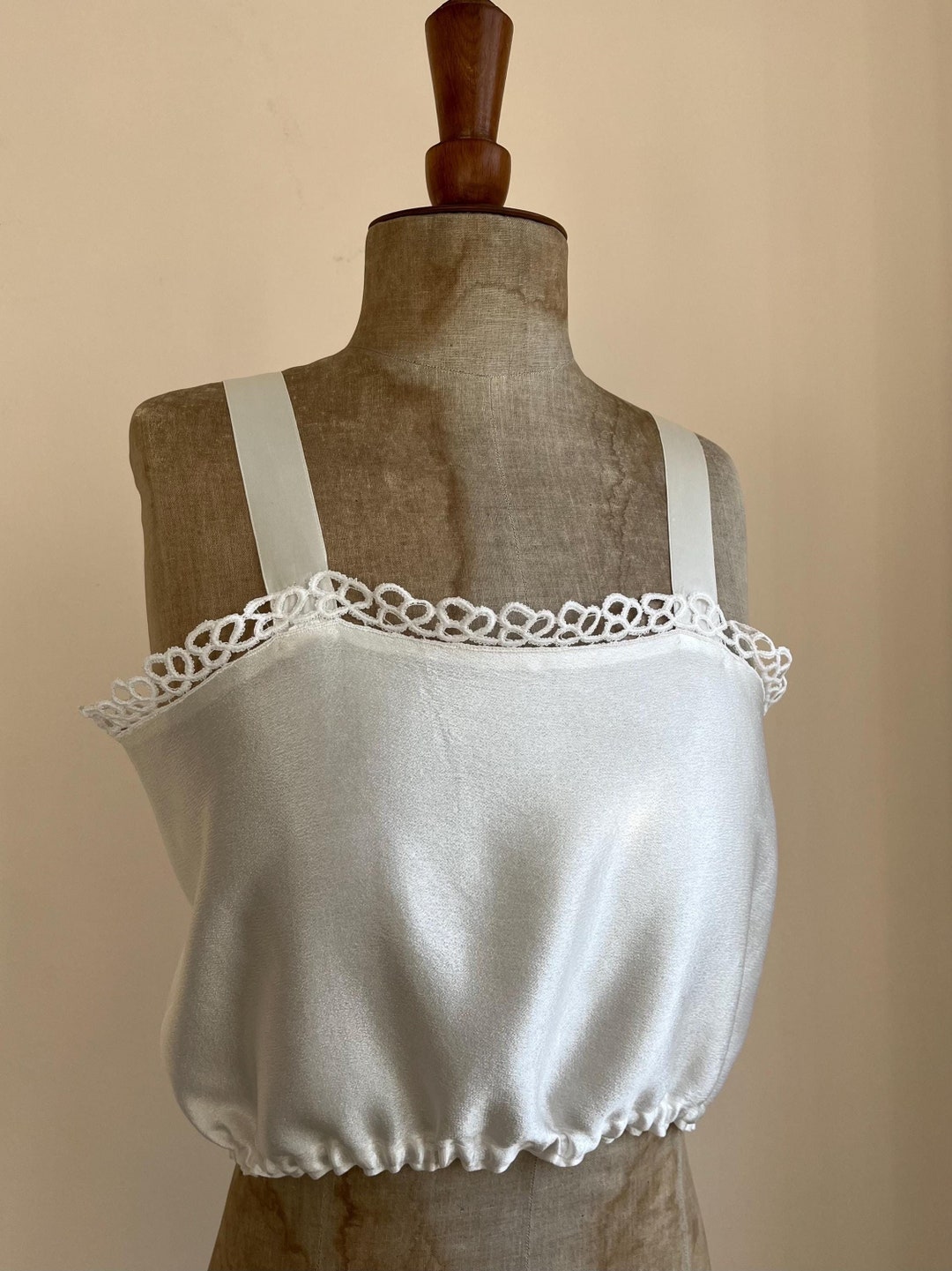 1930s Cami | Ivory Satin Rayon White Trim Elasticated Waist | Top ...