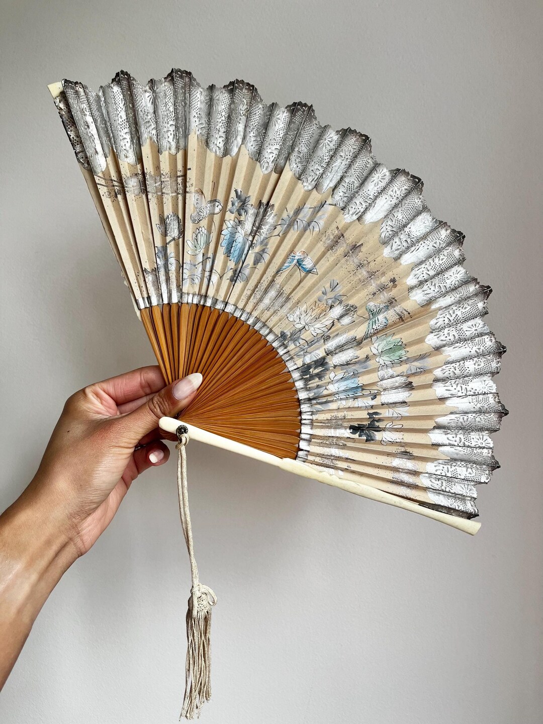 19th Century Hand Fan Hand Painted Butterflies Metallic Silver Paper ...