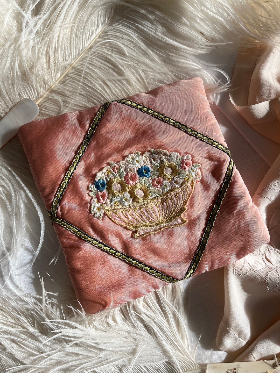 RESERVED 1930s Handkerchief Case Flower Basket Embroidery Pink Padded ...