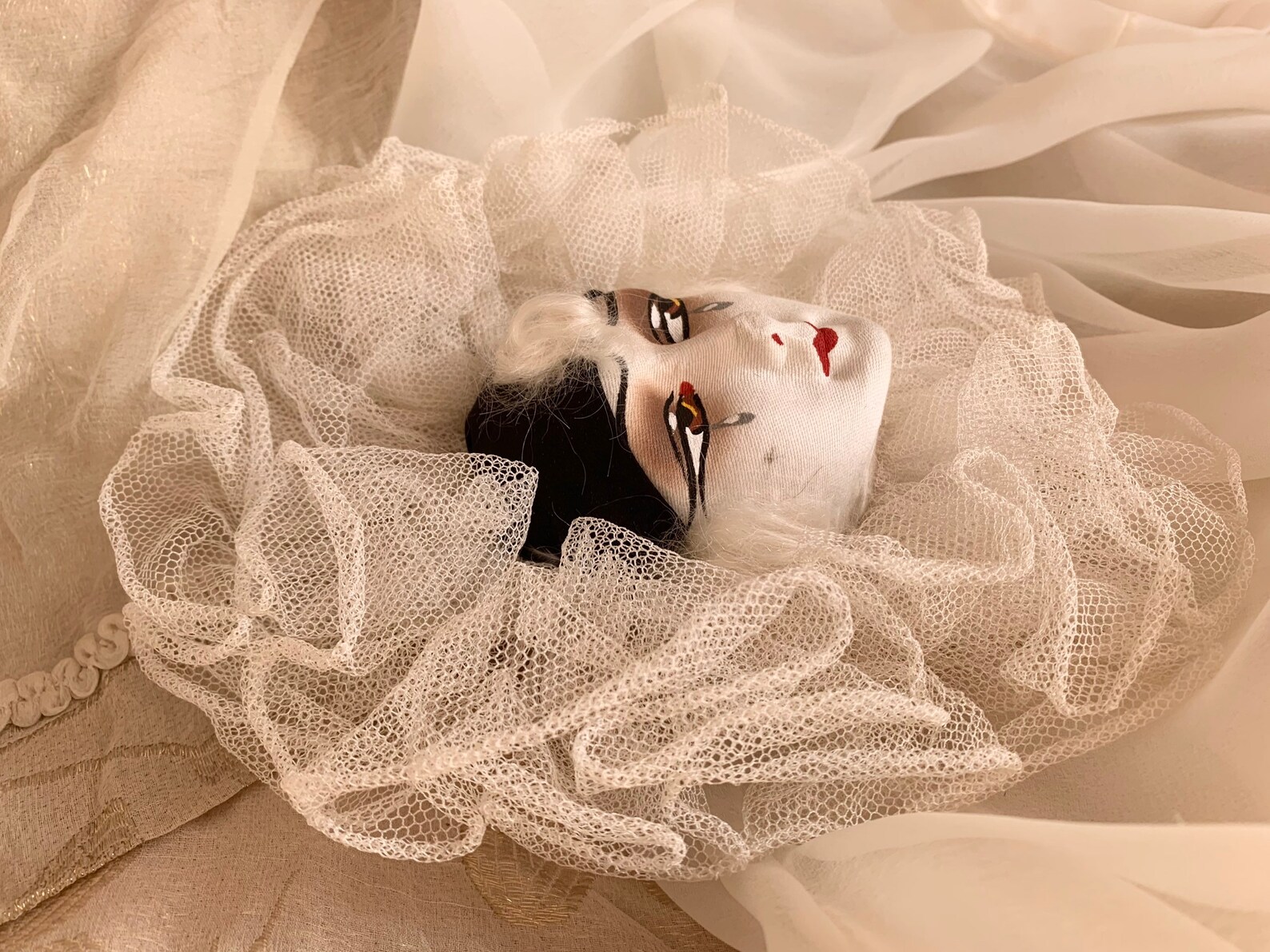 1920s Crying Pierrot Boudoir Doll Head White Tulle Ruffle | Etsy