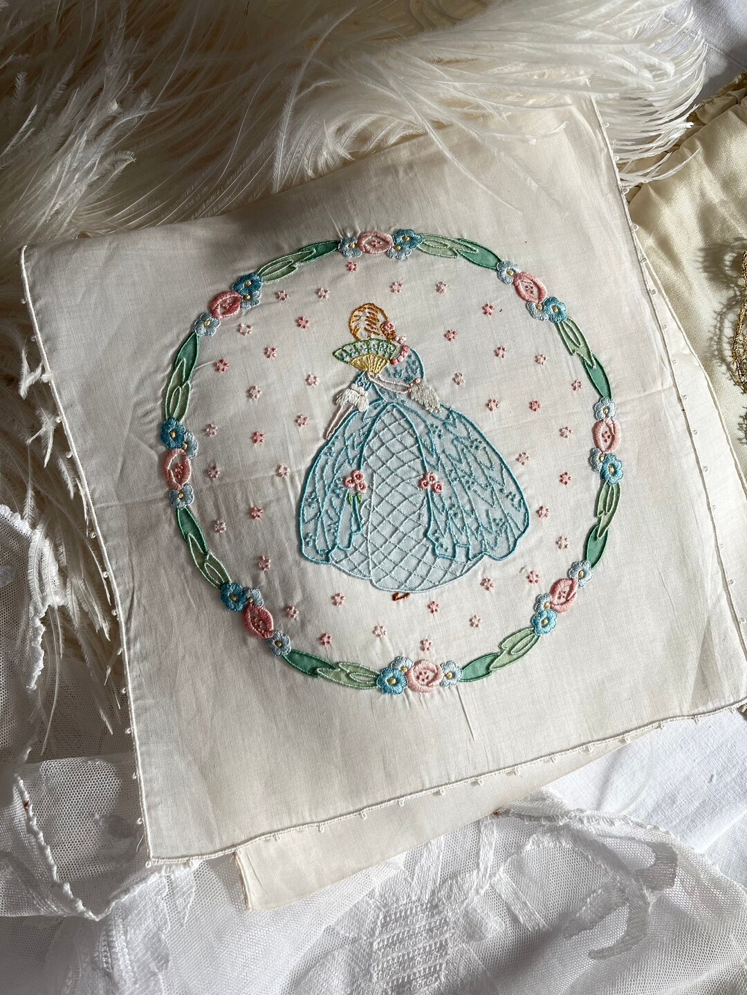 SOLD & RESERVED 1930s Hand Embordered Handkerchief Case Crinoline Lady ...