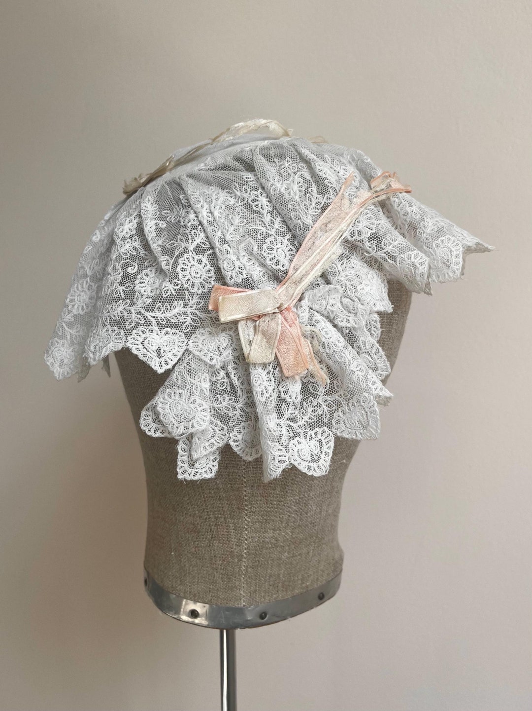 1900s Boudoir Cap Silk Ribbons Embroidered Tulle Lace Romantic Décor ...