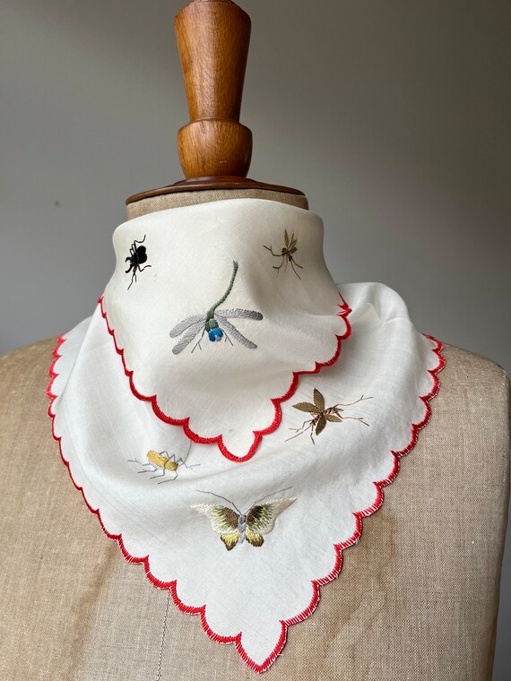1920s Embroidered Insects Handkerchief | Silk Scallop… - Gem