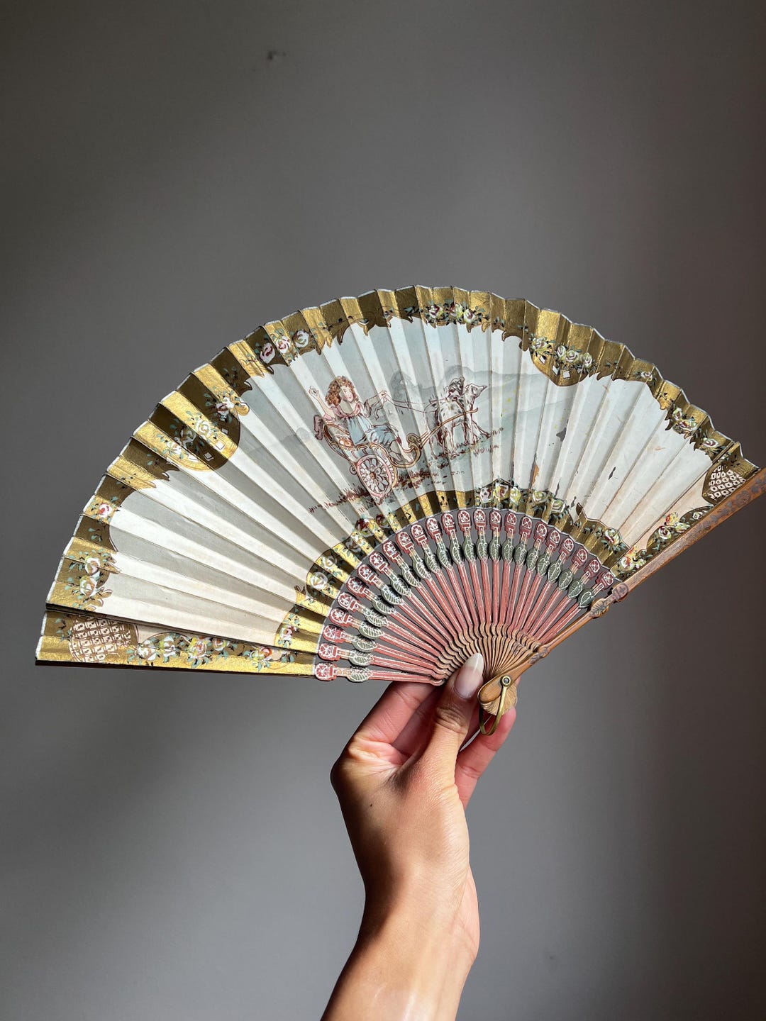 19th Century Hand Fan Ornate Hand Painted Metallic Silver Sticks Paper ...