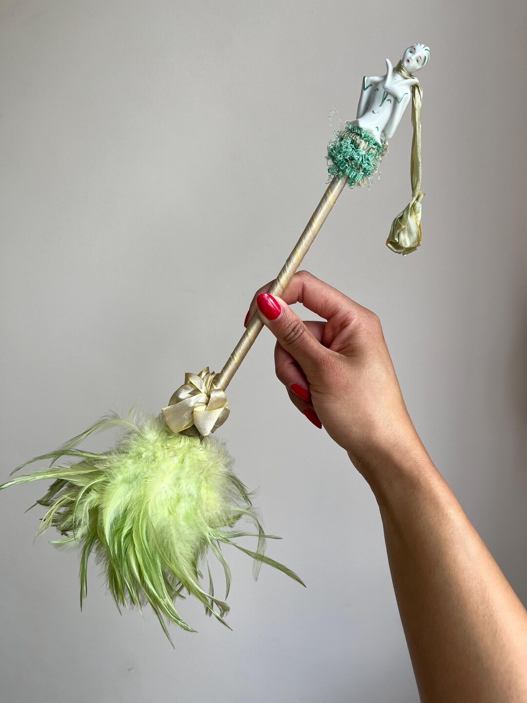 1920s Feather Wand | Porcelain Half Pin Doll Green Feathers Ribbon ...