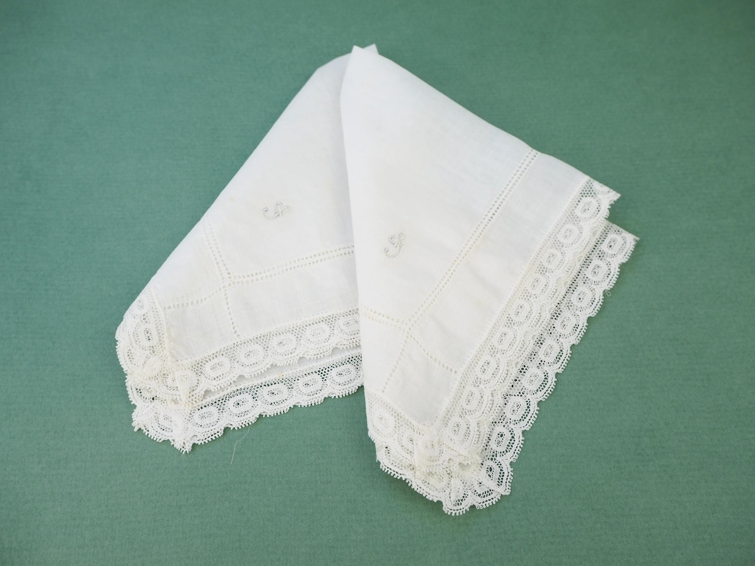 1920s P, S or J Initial Handkerchiefs | Dainty Lace Embroidered White ...