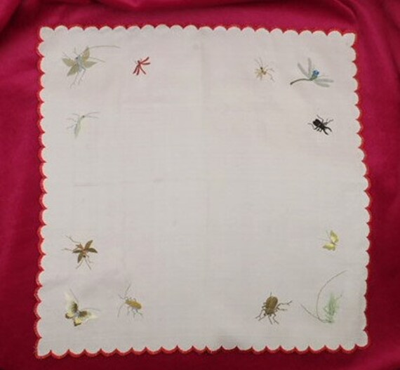1920s Embroidered Insects Handkerchief | Silk Scallop… - Gem