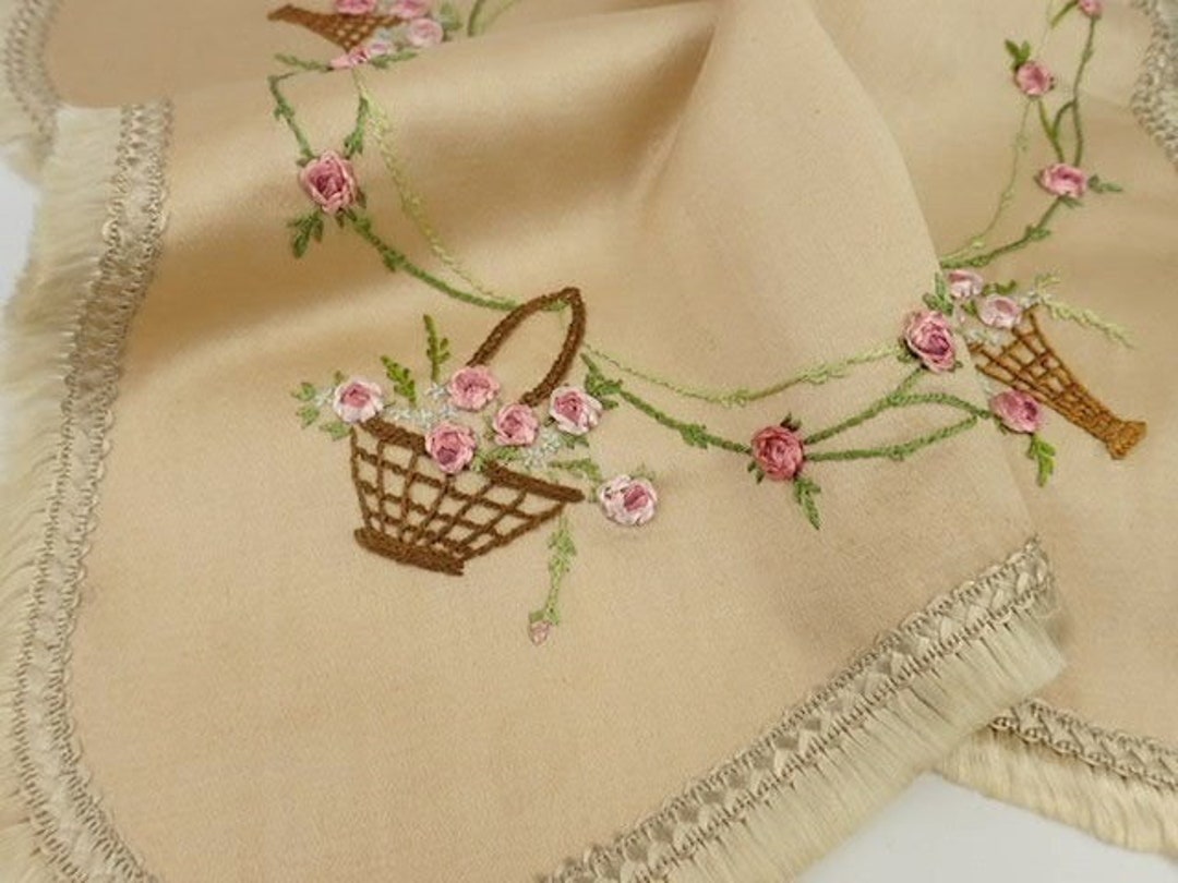 1920s Table Mat Embroidered Roses Baskets Forget Me Nots Bows Fringing ...