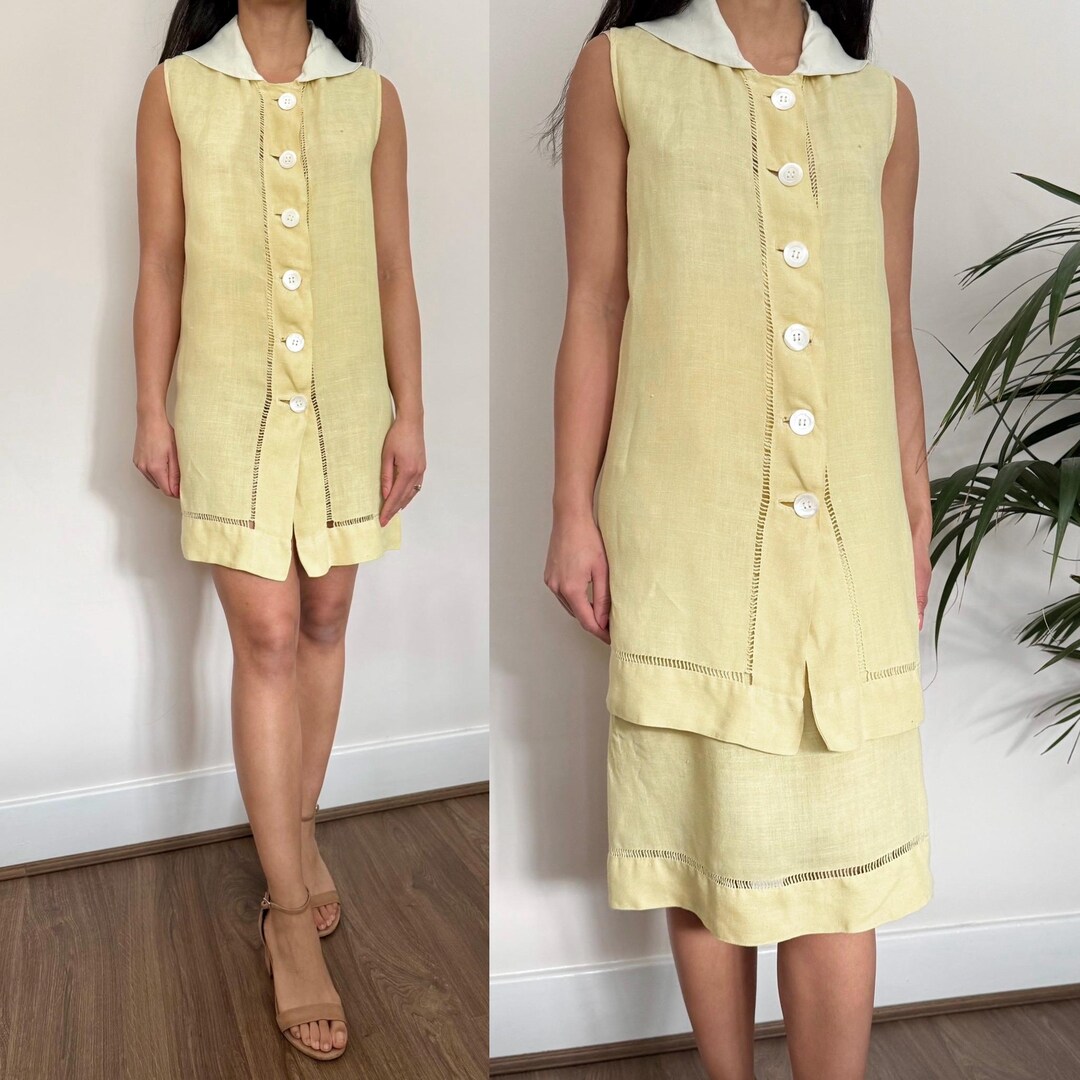 1920s Two Piece Tunic & Skirt | Yellow Detachable Collar | Antique Art ...