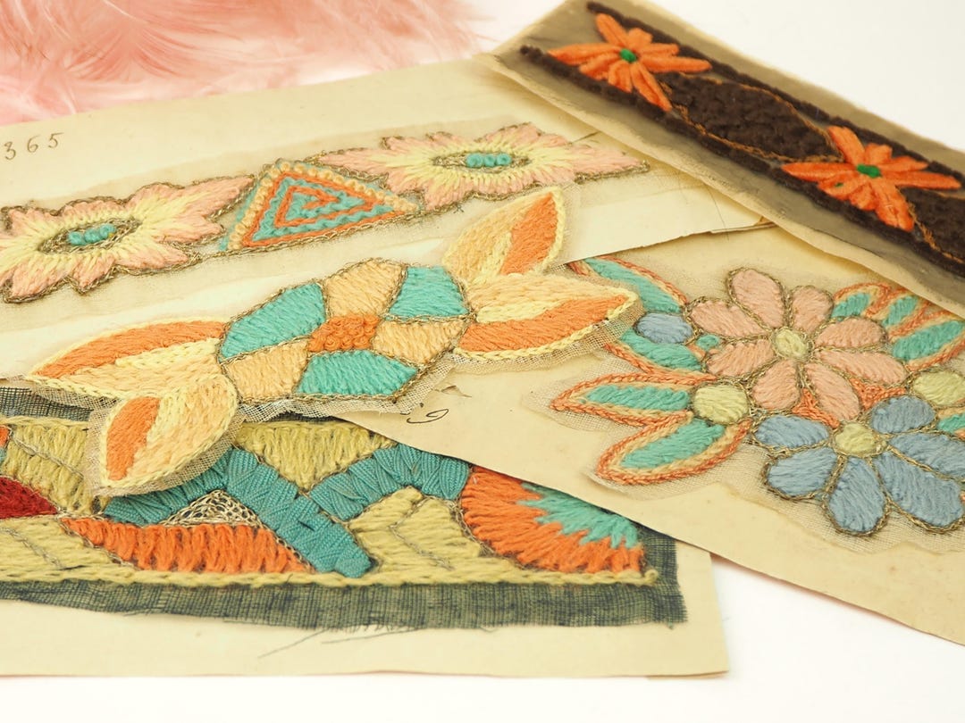 1920s Embroidered Wool Applique | Metallic Thread Flowers Appliques ...