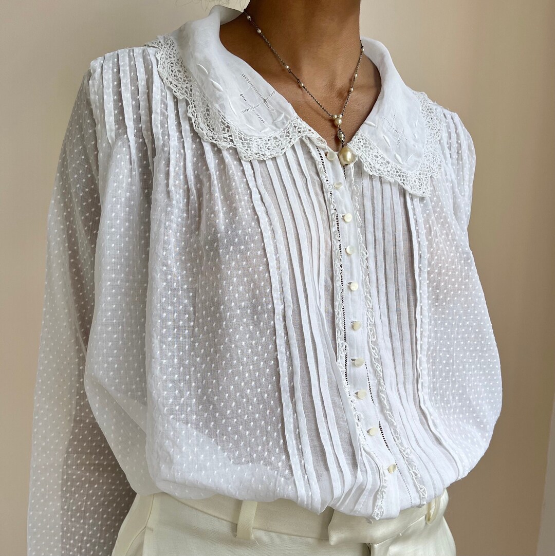 Edwardian Blouse | Pretty Lace Collar Polka Dot White Cotton Lawn | Shirt Top Long Sleeved ...