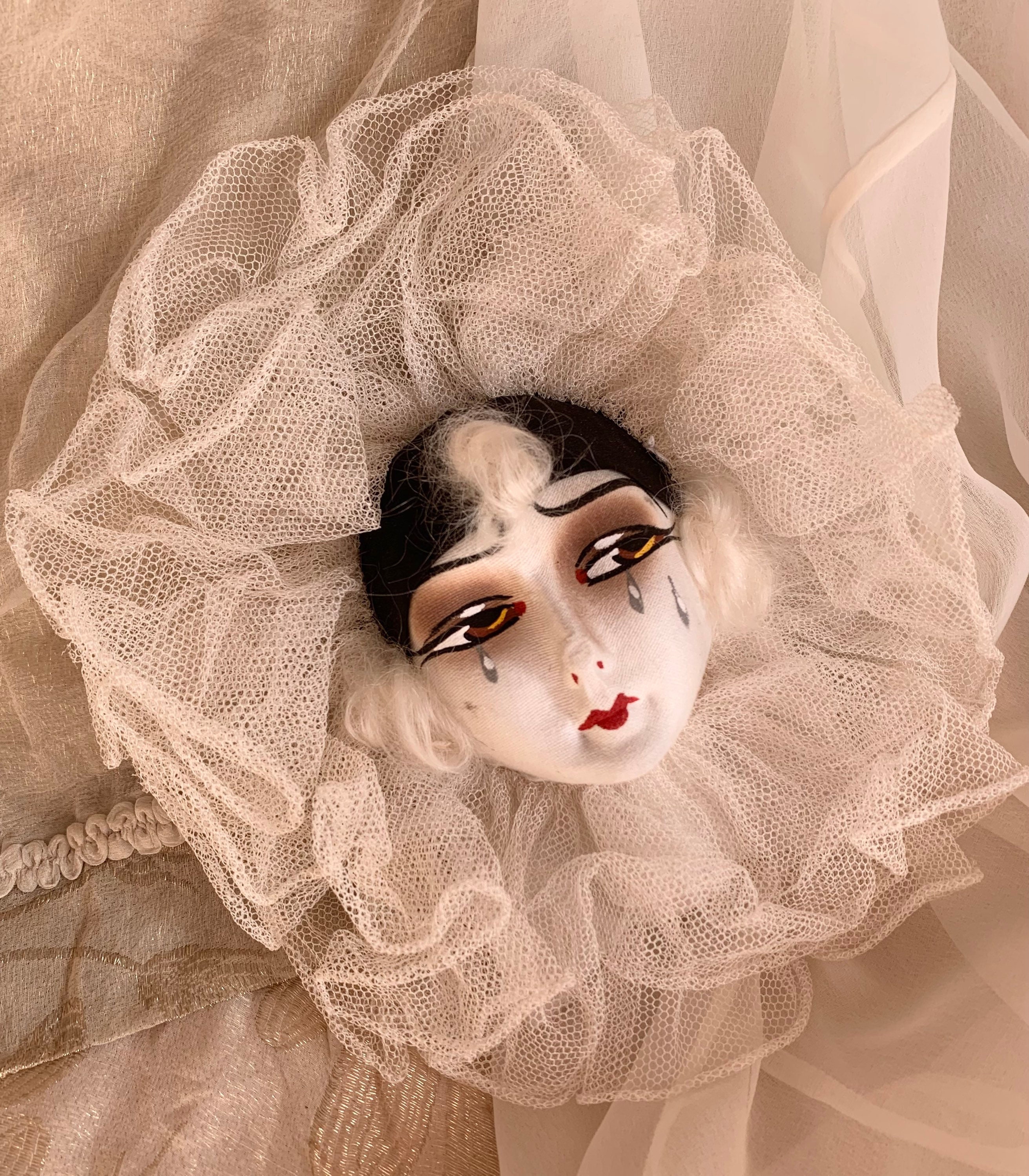1920s Crying Pierrot Boudoir Doll Head White Tulle Ruffle | Etsy