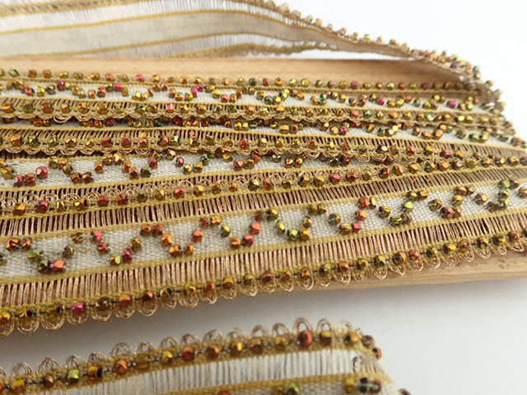 1900s Beaded Trimming | Bronze Gold Metallic Thread Steel Cut Beads ...
